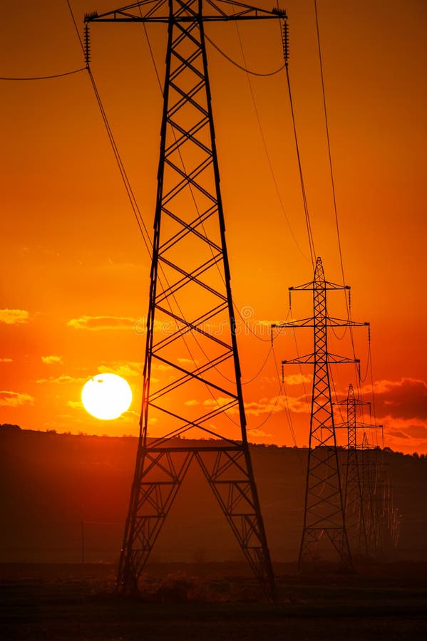Power Line Towers at Sunset Stock Image - Image of electrical, high ...