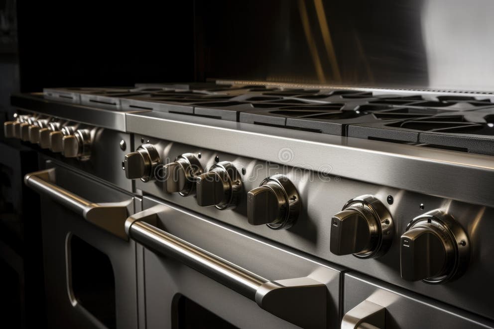 Range with Multiple Burners, Including a Large Rear Burner and Smaller ...