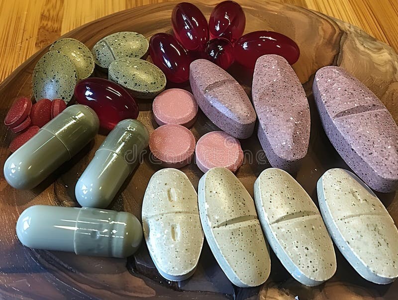 A Wooden Plate with a Selection of Pills and Capsules Displayed Stock ...
