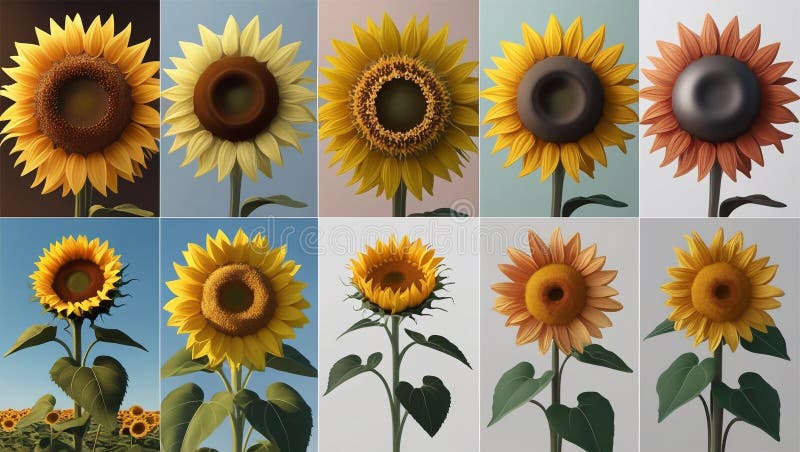 A Range of Stylistic Variations of a Sunflower, from a Realistic and ...