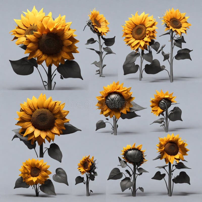 A Range of Stylistic Variations of a Sunflower, from a Realistic and ...
