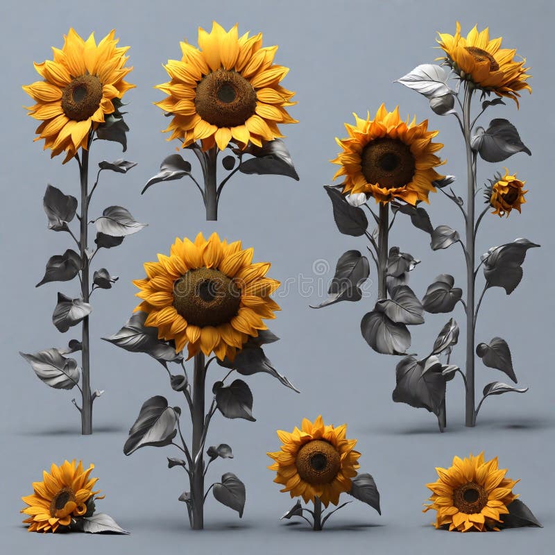 A Range of Stylistic Variations of a Sunflower, from a Realistic and ...