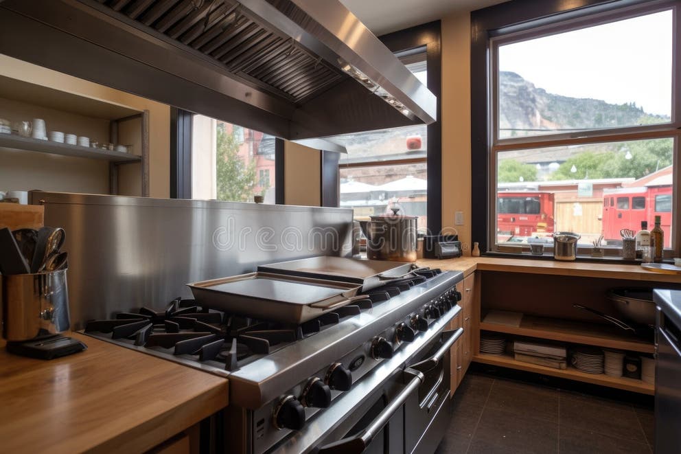 Range with View of Bustling Kitchen, Ready for the Day S Cooking Stock ...