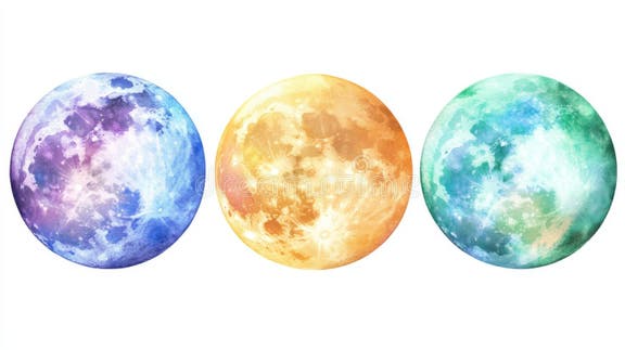 A Range of Watercolor Illustrations Displaying Full Moons in Different ...