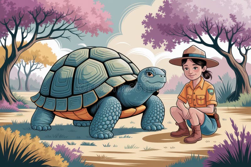 Ranger and Giant Tortoise in Scenic Park Setting Under a Vivid Sky ...