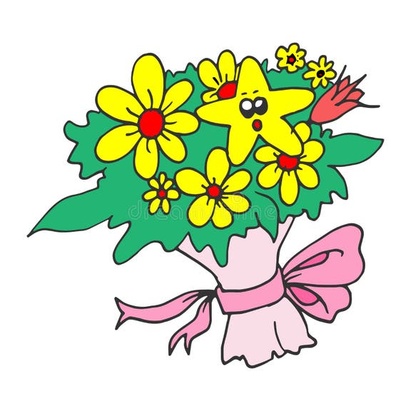 Yellow Flower Bouquet with Cute Star Monsters - Hand-Drawn Cartoon ...
