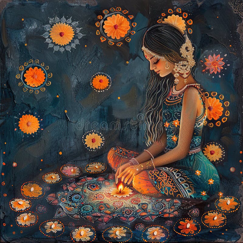 Rangoli Wearing Diva. Diva Alone on a Dark Backdrop Stock Illustration ...
