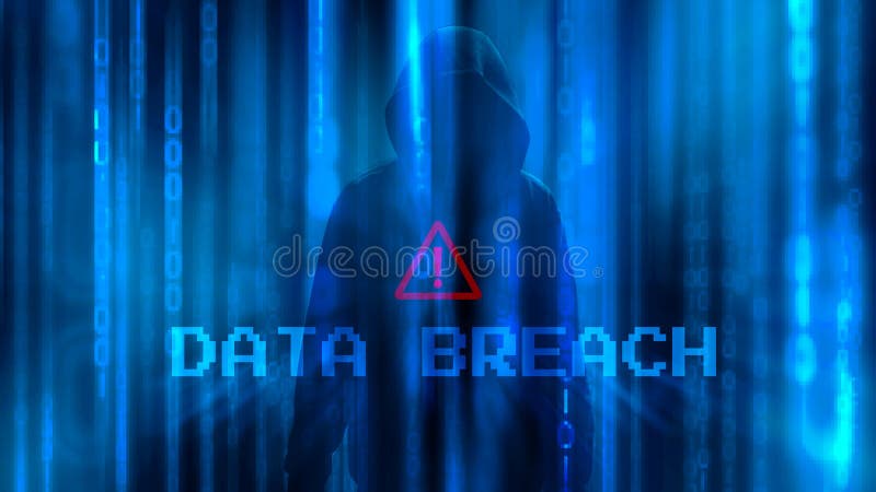 Computer Hacker Silhouette of Hooded Man with Binary Data Screen and Network Security Terms ...