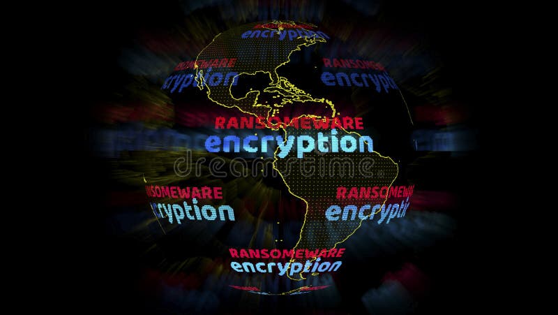 Ransomware Red and Encryption Blue Text Blur Ray on Global Map Stock ...