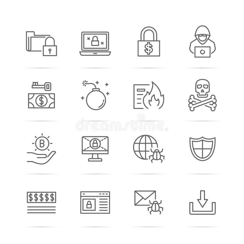 Ransomware Vector Line Icons Stock Vector - Illustration of hacker ...