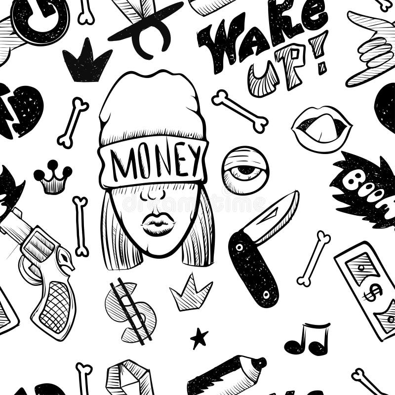 Rap Music. Hip Hop Doodle Pattern with Rap Attributes Stock Vector ...