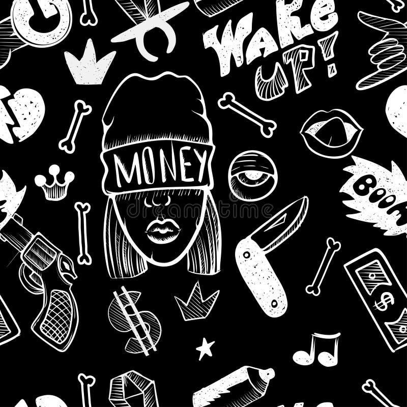 Rap Music. Hip Hop Doodle Pattern with Rap Attributes Stock Vector ...