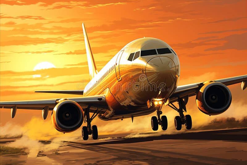 Rapid Ascent of Passenger Aircraft on Runway. Orange Sunset Scene ... Rapid Ascent of Passenger Aircraft on Runway. Orange Sunset Scene ...