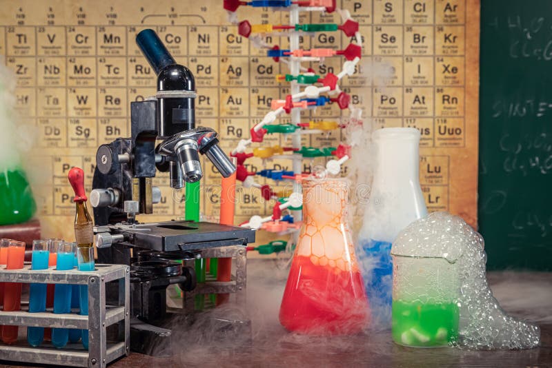 Rapid Chemical Reaction in University Lab with Microscope Stock Photo ...