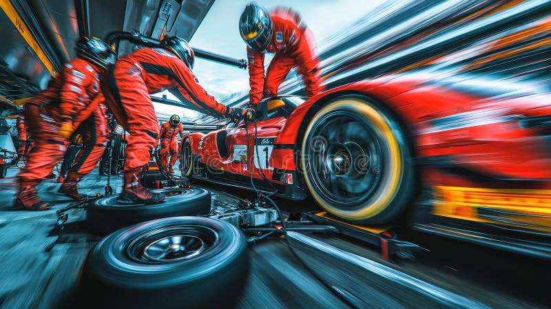 Rapid Tire Change by Pit Crew during High Stakes Race, Showcasing ...