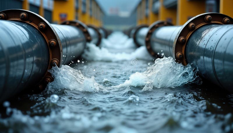 Rapid Water Flow Gushes between Large Parallel Industrial Pipes. Water ...