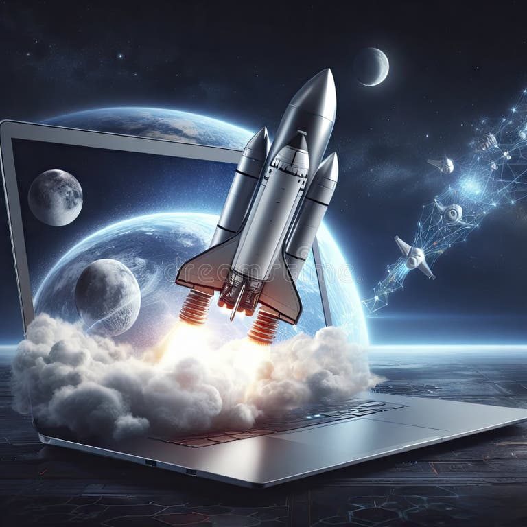 Rapidly Developing Technologies. Rocket Flying Out of Laptop Stock ...