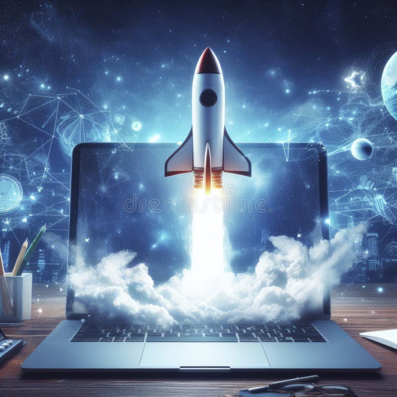 Rapidly Developing Technologies. Rocket Flying Out of Laptop Stock ...