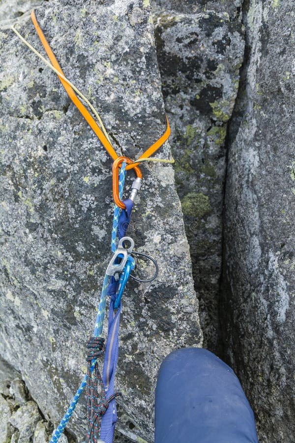 Rappel Stance Made of Loop and Cord on a Boulder in the Mountains ...