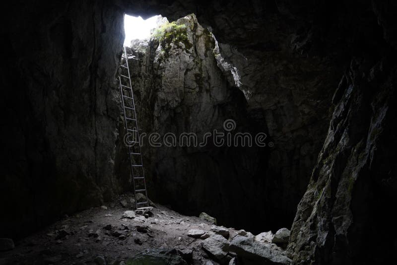 Raptawicka Cave with a Ladder Stock Image - Image of archeology, cave ...