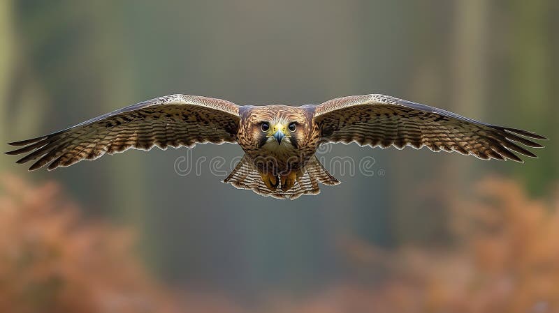 Raptor in Flight, Centered Against a Soft Forest Backdrop Stock ...