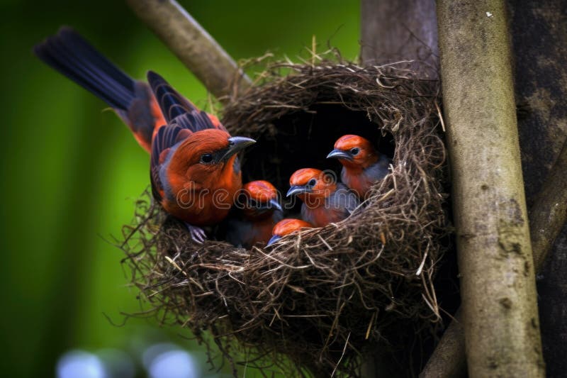Rare Bird Feeding Its Hatchlings in a Secluded Nest Stock Illustration ...