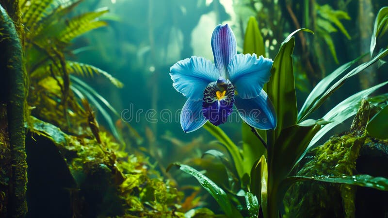A Rare Blue Orchid Blooming in a Lush Rainforest Stock Illustration ...