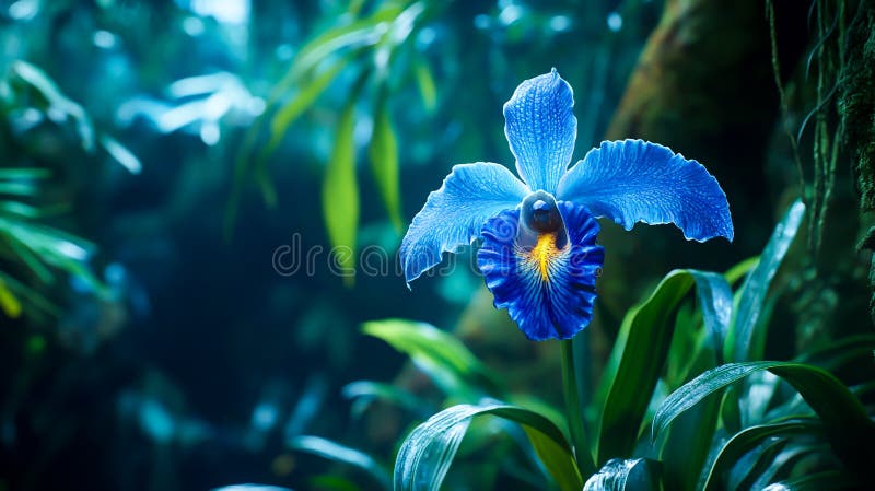 A Rare Blue Orchid Blooming in a Lush Rainforest Stock Illustration ...
