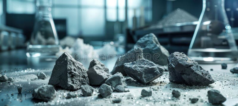 Rare Earth Minerals on Laboratory Table with Modern Testing Equipment ...
