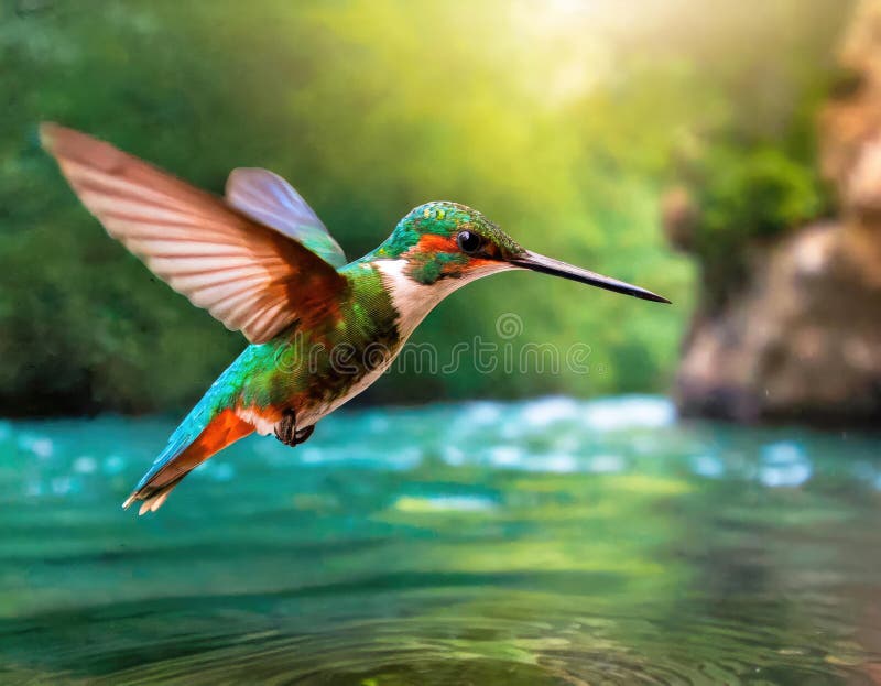 Hummingbird Flying Over the Water. Generated with AI Stock Illustration ...