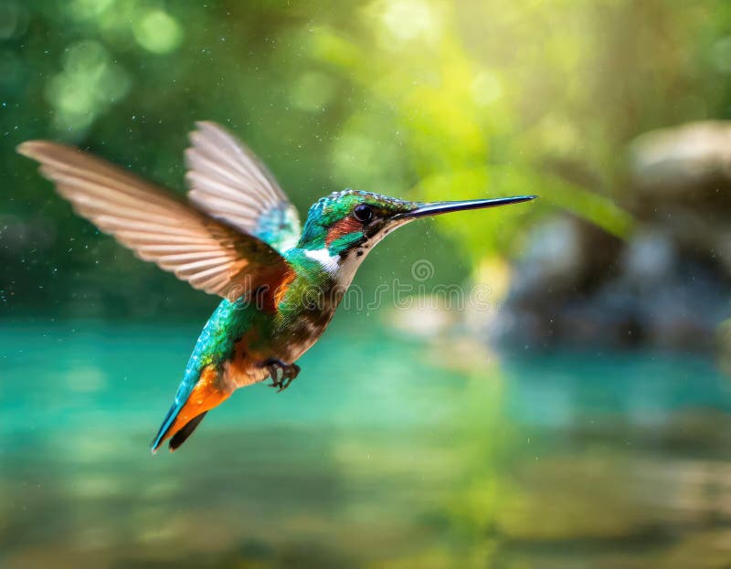 Hummingbird Flying Over the Water. Generated with AI Stock Illustration ...