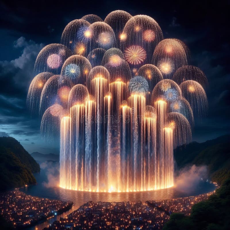 32 36. Waterfall Shells_ Large, Spherical Fireworks Th Stock Image ...