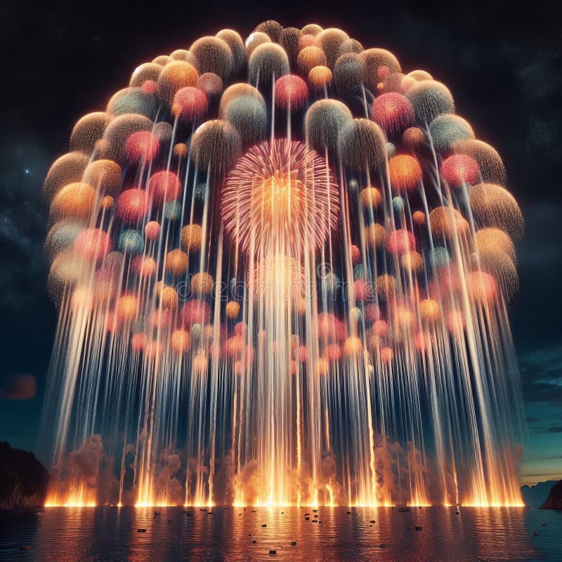 38 36. Waterfall Shells_ Large, Spherical Fireworks Th Stock Photo ...