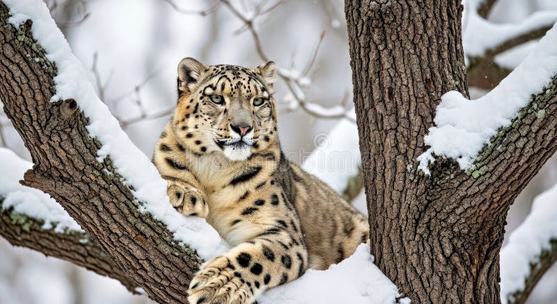 Resting Snow Leopard in a Tree Wild Feline Predator Hidden Wildlife ...