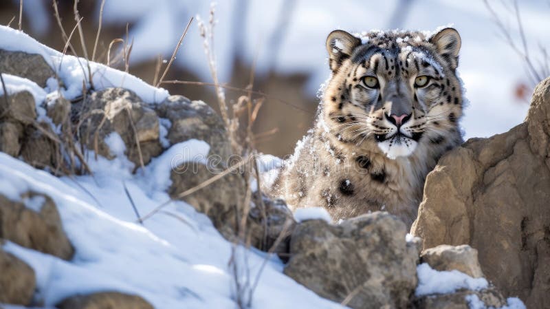 Rare Snow Leopard Camouflaged in Rocky Terrain Stock Illustration ...