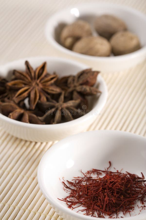 Rare spices in bowls 2 stock photo. Image of china, nutmeg - 4993308