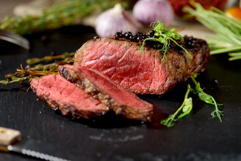 Rare Steak Black Rectangular Plate Pepper Stock Photo - Image of grill ...