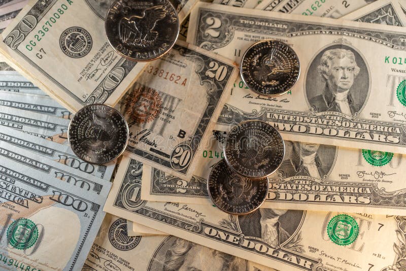 Rare US Dollar Banknotes and Coins. 2 Dollar and Historic 20 USD Bill ...