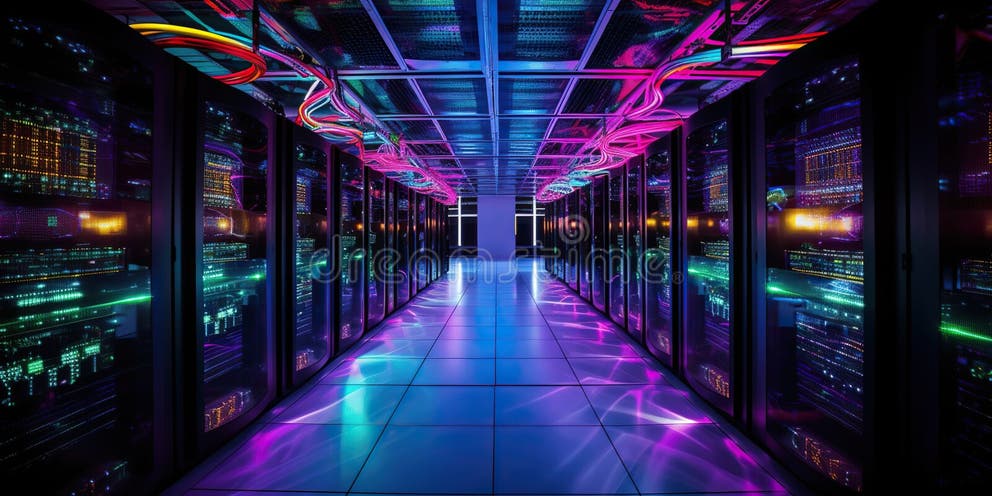 Rare View Inside a High-tech Server Room with Multicolored Led Lights ...