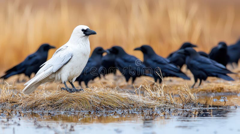 Rare White Raven Stands Out among Typical Black Ravens in Serene ...