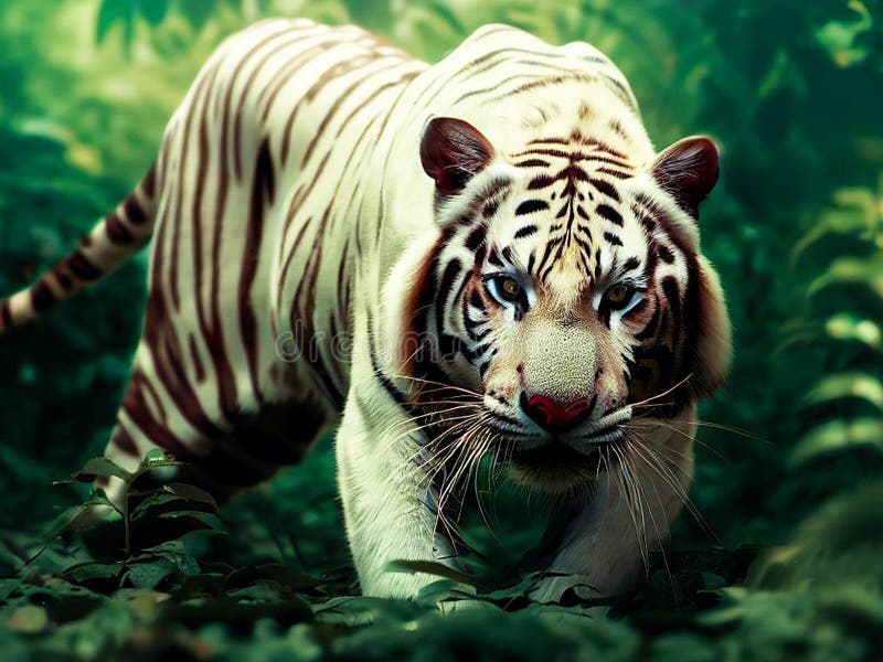Rare White Tiger Hunting and Ready To Attack in the Jungle Stock ...