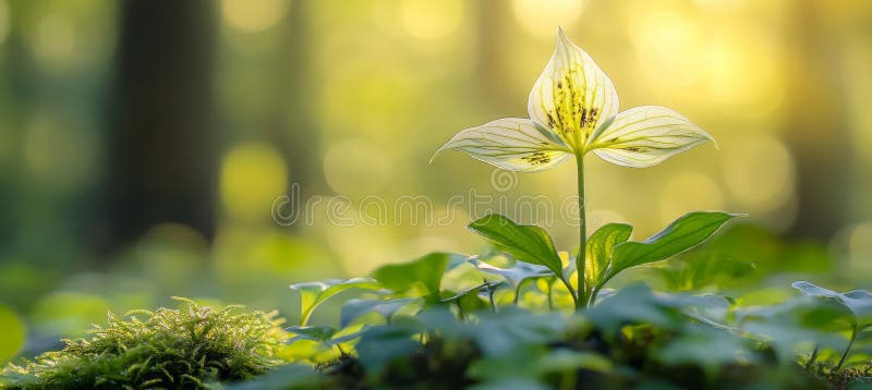 Rare White Trillium Shines Bright in the Glowing Sunlight of a Peaceful ...