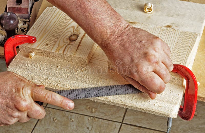 Carpenter Working Wood Plank Using Rasp Workshop Stock Photos - Free ...