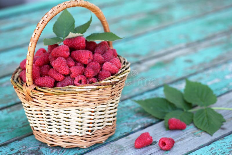 Raspberries in a basket stock photo. Image of green, close - 56925216