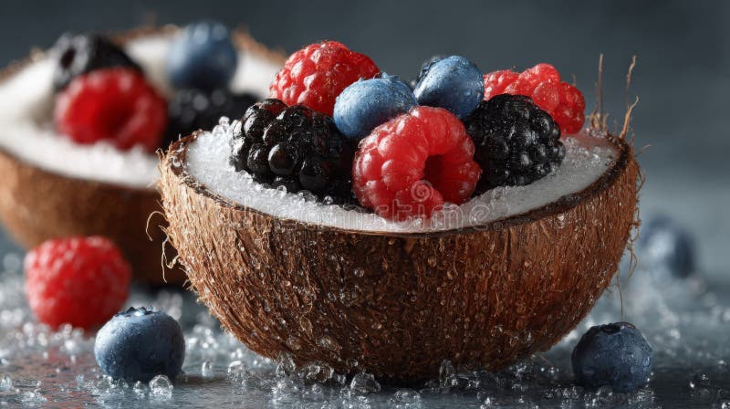 Raspberries Blueberries Blackberries in Coconut Half with Sugar Stock ...