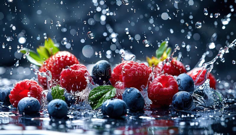 Fresh Raspberries and Blueberries Splashing in Water with Droplets ...