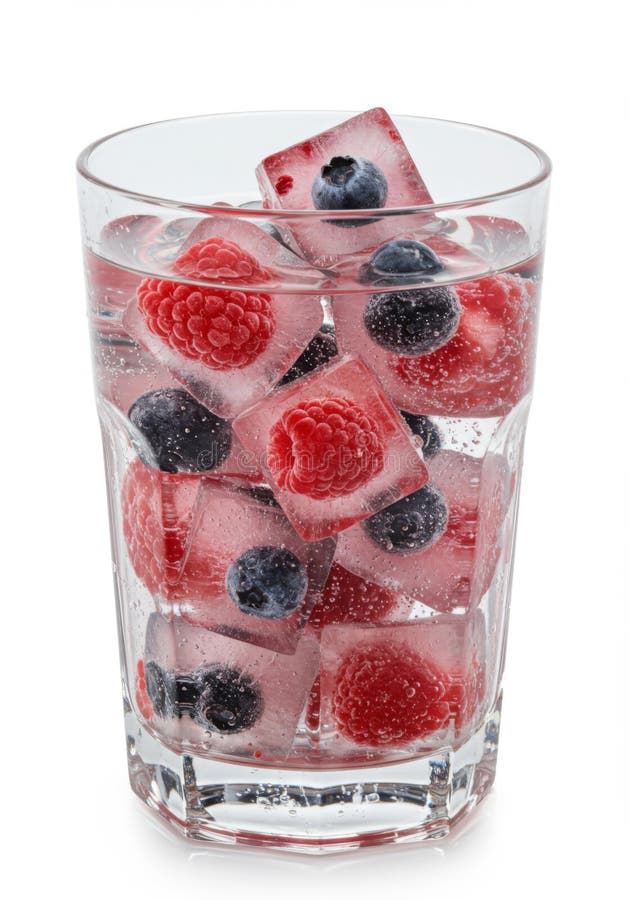 Raspberries and Blueberries Frozen in Ice Cubes in Glass Stock ...
