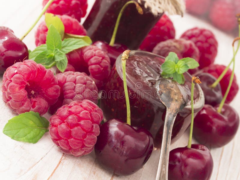 Raspberries and Cherries and Jam Stock Photo - Image of organic, berry ...