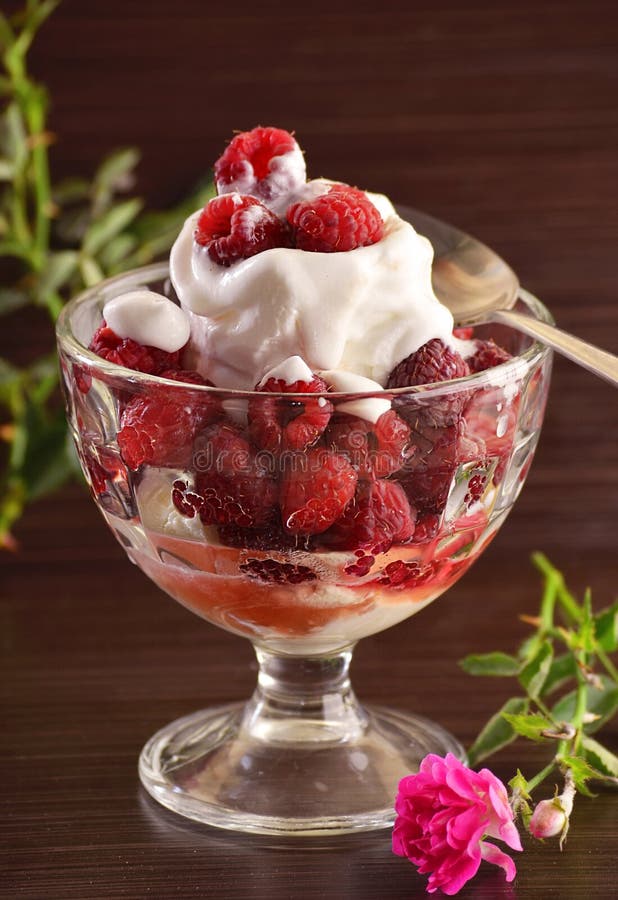 Raspberries Dessert with Ice Cream Stock Photo - Image of garnish ...