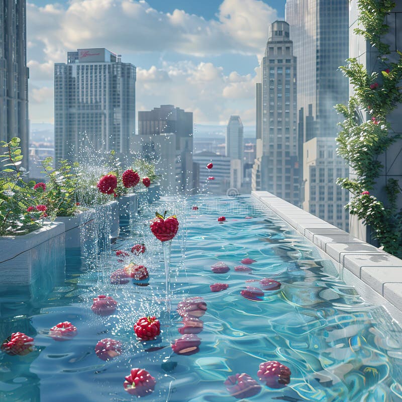 Raspberries Fall into a Rooftop Pool Overlooking a City Stock Image ...